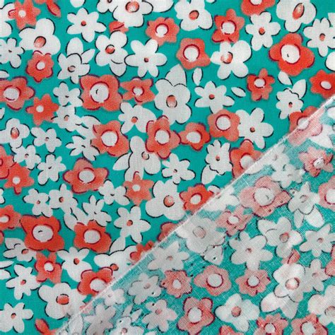 Popeline de Coton imprimé Fleur Aqua En Ligne Mercerine
