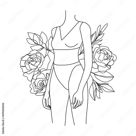 Vector Abstract Female Figure Woman Body Illustration Line Art Print Flowers And Leaves