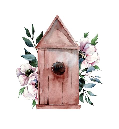 Empty Wooden Old Birdhouse Hand Drawn Watercolor Illustration With