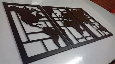 Cuadro Tríptico De Madera Calada Planisferio Mapamundi Color 10 500