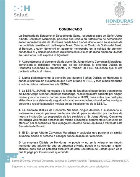 Secretaría de Salud de Honduras Oficial on Twitter Comunicado