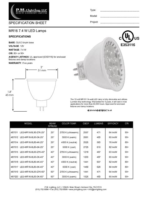 Fillable Online SPECIFICATION SHEET Project MR16 7 4 W LED Lamps Fax