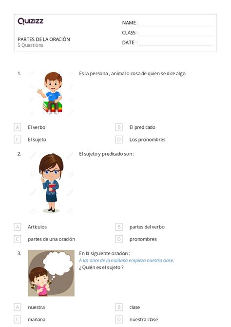 50 Partes de la oración hojas de trabajo para Grado 2 en Quizizz