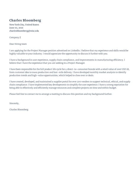 Free Project Manager Cover Letter Sample Rezi