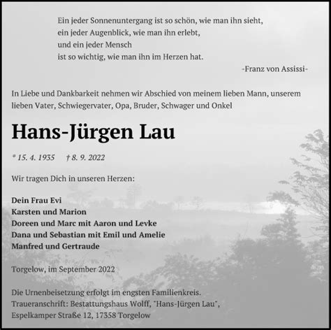 Traueranzeigen von Hans Jürgen Lau Trauer Nordkurier