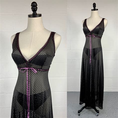 Vintage 1960s Glydons Hollywood Sheer Black Nylon Mesh Long Sweeping Negligee Nightgown