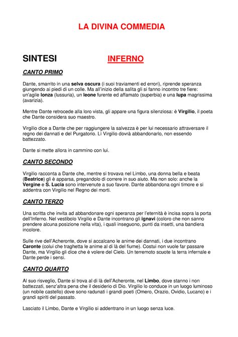 Riassunto Divina Commedia Inferno Dante SINTESI INFERNO CANTO