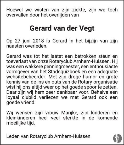 Mr G M Gerard Van Der Vegt 27 06 2018 Overlijdensbericht En