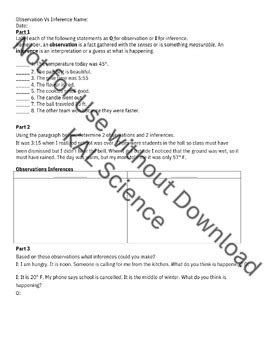 Observation Vs Inference Worksheet By Kal Science Tpt