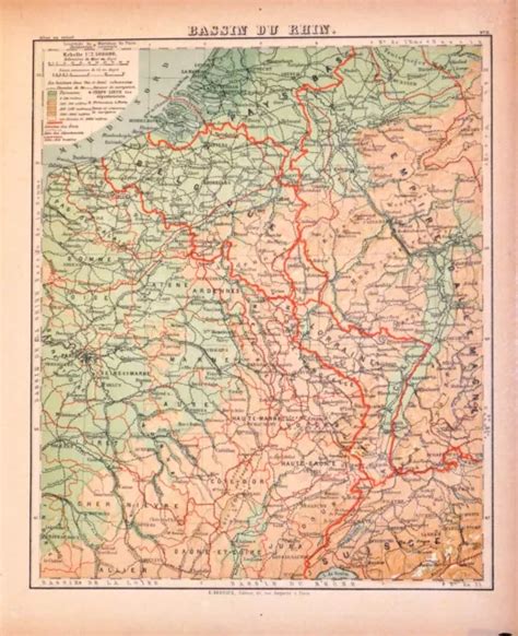 CARTA GEOGRAFICA ANTICA GERMANIA Germany FRANCIA BACINO Del RENO 1880