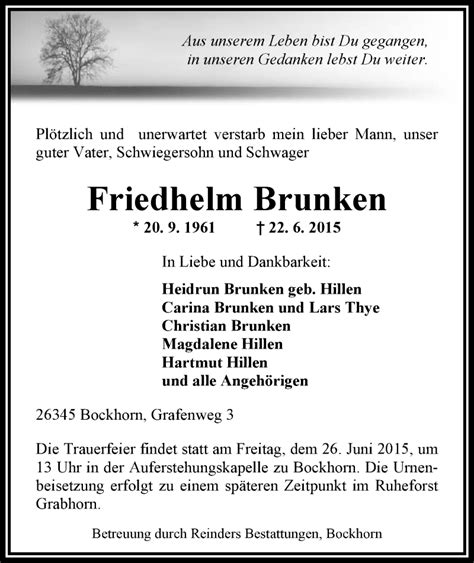 Traueranzeigen Von Friedhelm Brunken Nordwest Trauer De