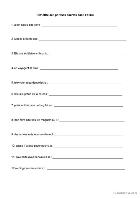 Remettre des phrases courtes dans l Français FLE fiches pedagogiques
