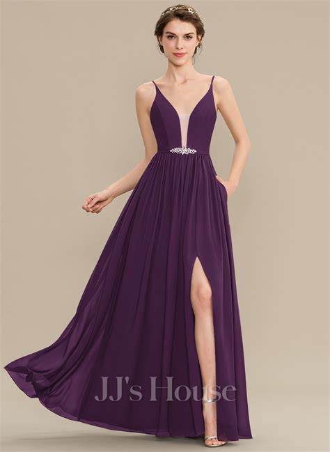 A Line V Neck Floor Length Chiffon Bridesmaid Dress With Beading
