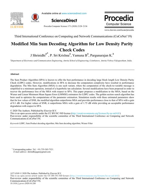 pdf modified min sum decoding algorithm for low density parity check codes