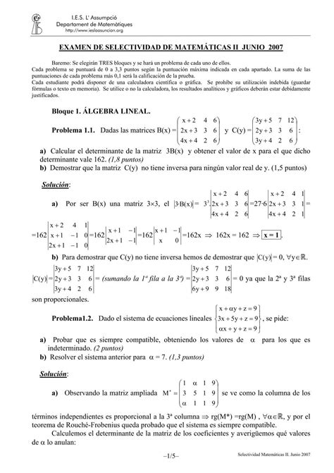 Examen De Selectividad De Matem Ticas Ii Junio
