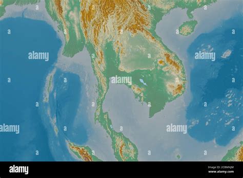 Extended Area Of Thailand Topographic Relief Map 3D Rendering Stock