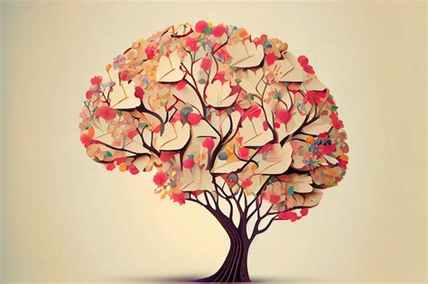 Árbol del cerebro humano con flores autocuidado y concepto de salud