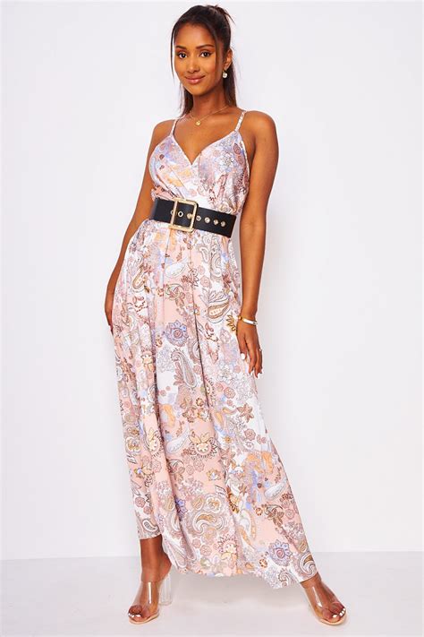 Robe longue satinée blanche imprimé fleuri beige foncé Brentiny Paris