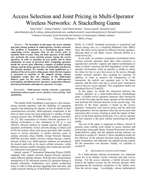 pdf access selection and joint pricing in multi operator wireless networks a stackelberg game