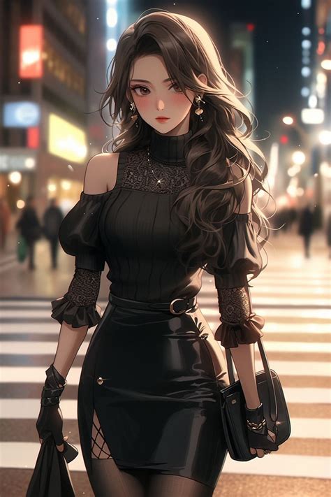 A Woman With Long Hair In A Black Dress Is Walking Down The Street