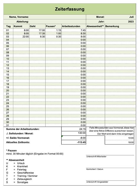 Excel Vorlage für Arbeitszeiterfassung