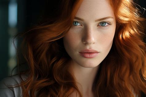 Premium AI Image A Woman With Long Red Hair And Blue Eyes Is Looking
