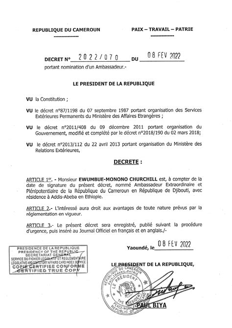 D Cret N Du F Vrier Portant Nomination D Un Ambassadeur