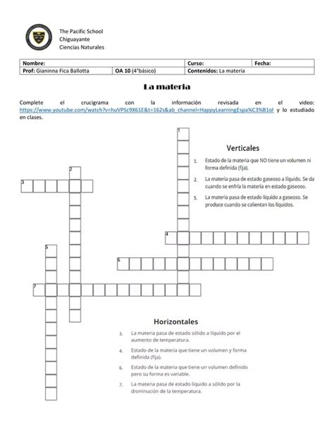 Crucigrama Sobre Los Estados De La Materia Y Sus Cambios Profe Social