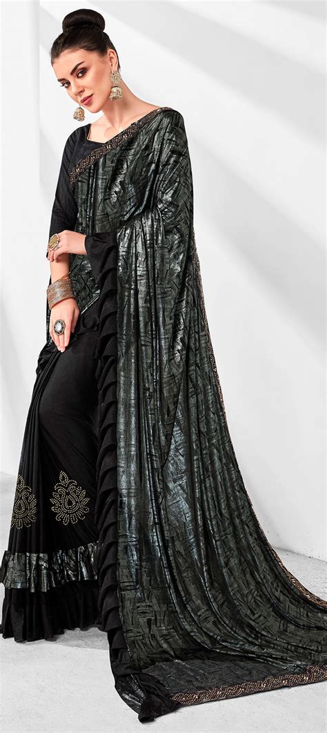 Festive Party Wear Black And Grey Color Lycra Fabric Saree 1635886