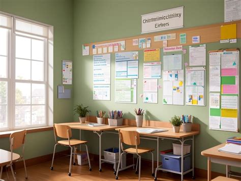 Un salón de clases con un escritorio y sillas Foto Premium