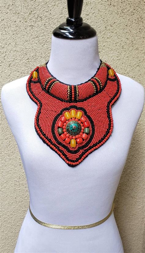 Tibetan Beaded Bib Necklace Statement Necklace Coral Collar Necklace