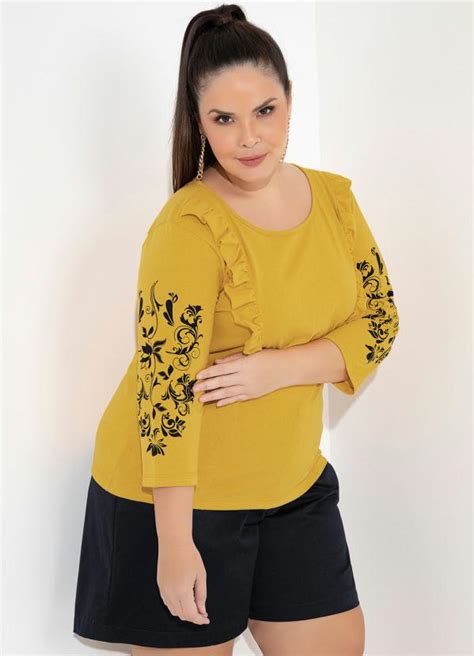 Marguerite Blusa Mostarda Babado E Estampa Plus Size