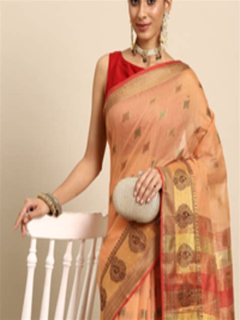 Buy Silk Land Peach Coloured Gold Toned Zari Banarasi Saree Sarees