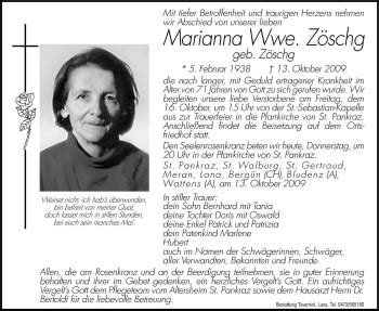 Traueranzeigen von Marianna Zöschg Trauer bz