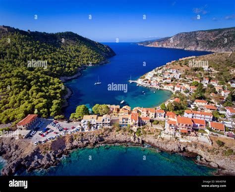 Aerial Panoramic View Of Assos Village Coast Kefalonia Island Hi Res