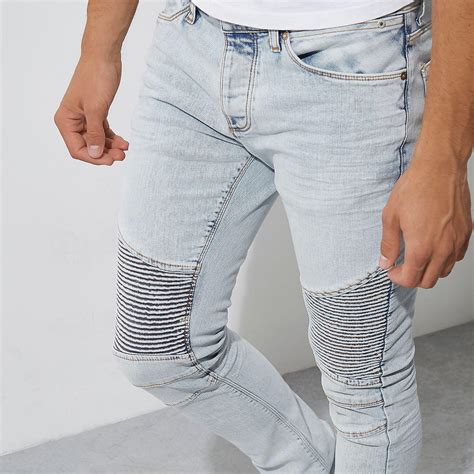 River Island Denim Light Acid Wash Biker Skinny Jeans In Blue For Men