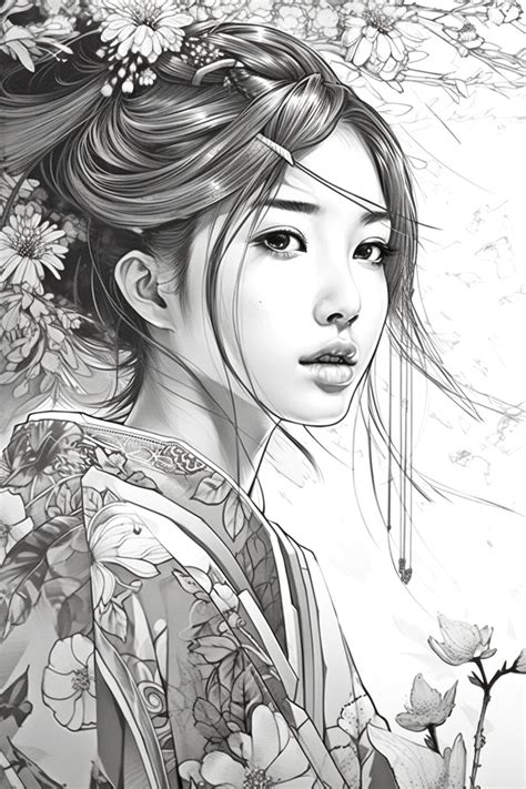 Stunning Modern Style Japanese Girl A Grayscale Coloring Book Of Asian