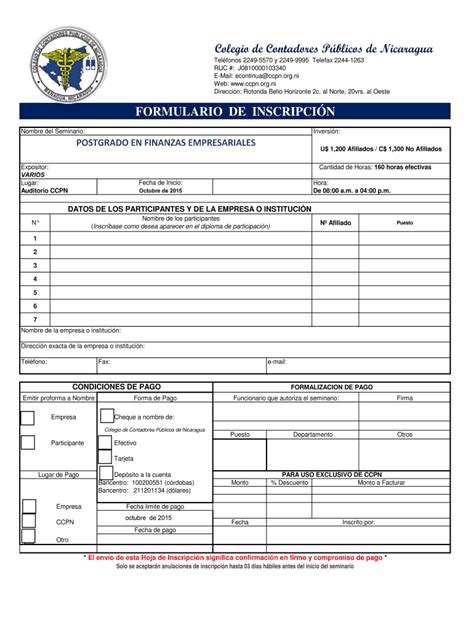 Formulario De Inscripcin Colegio De Contadores Pblicos De Rellena