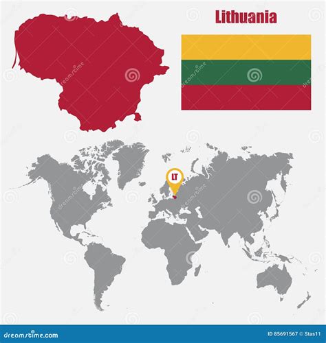 Mapa De Lituania En Un Mapa Del Mundo Con El Indicador De La Bandera Y