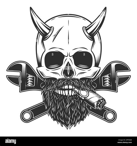 Skull Smoking Cigar Or Cigarette With Horn And Mustache With Beard And