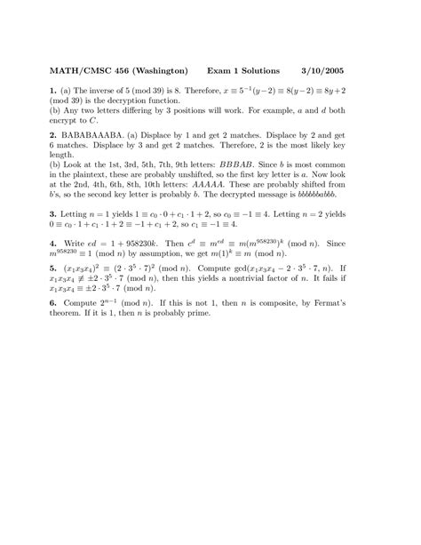exam 1 solutions for introduction to cryptography cmsc 456 docsity