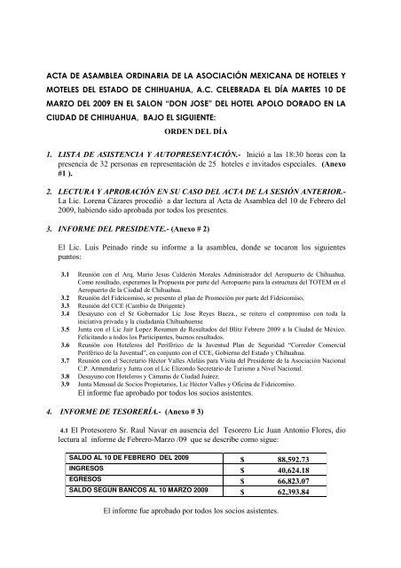 Acta De Asamblea Ordinaria De La Asociaci N Hotel