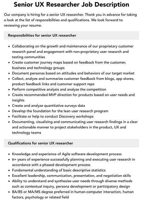 Senior UX Researcher Job Description Velvet Jobs