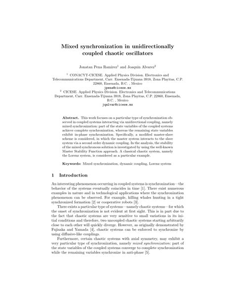pdf mixed synchronization in unidirectionally coupled chaotic oscillators