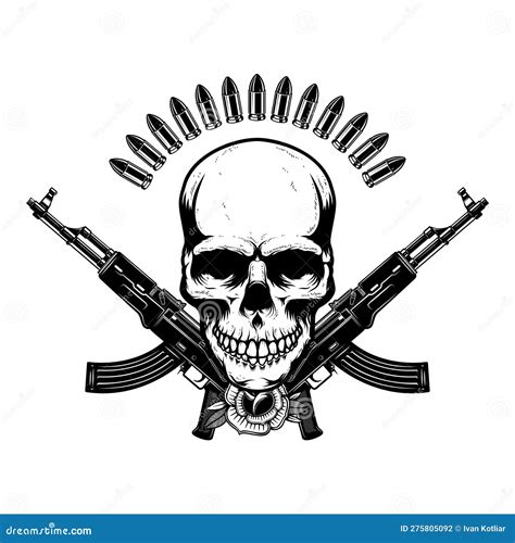 Illustration Of The Skull With Crossed Assault Rifles Design Element