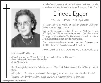 Traueranzeigen Von Elfriede Egger Trauer Bz