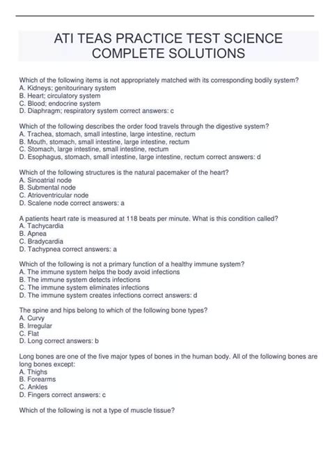 ATI TEAS PRACTICE TEST SCIENCE COMPLETE SOLUTIONS ATI TEAS PRAC
