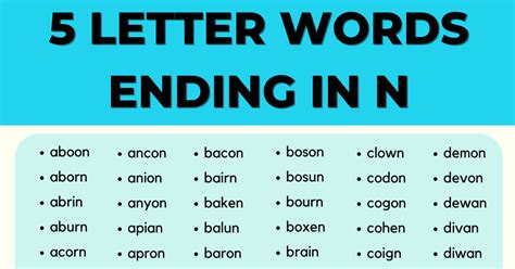 505 Common 5 Letter Words Ending In N In English 7ESL