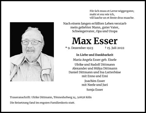 Traueranzeigen Von Max Esser WirTrauern