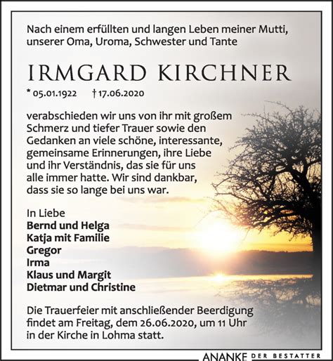 Traueranzeigen Von Irmgard Kirchner Trauer Anzeigen De